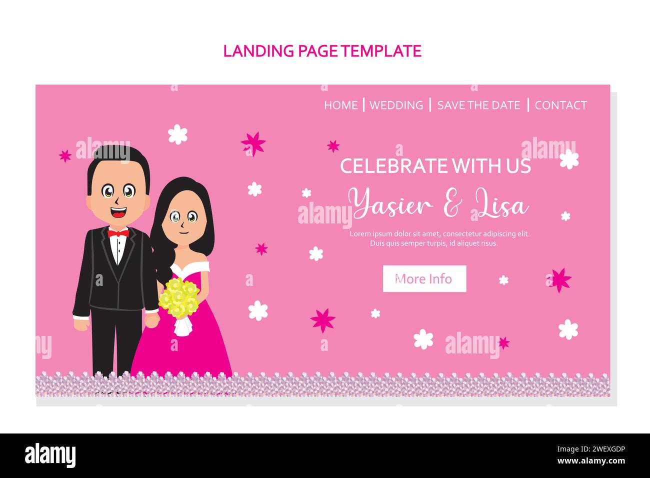 Landing page design template for wedding invitation with cute couple ...