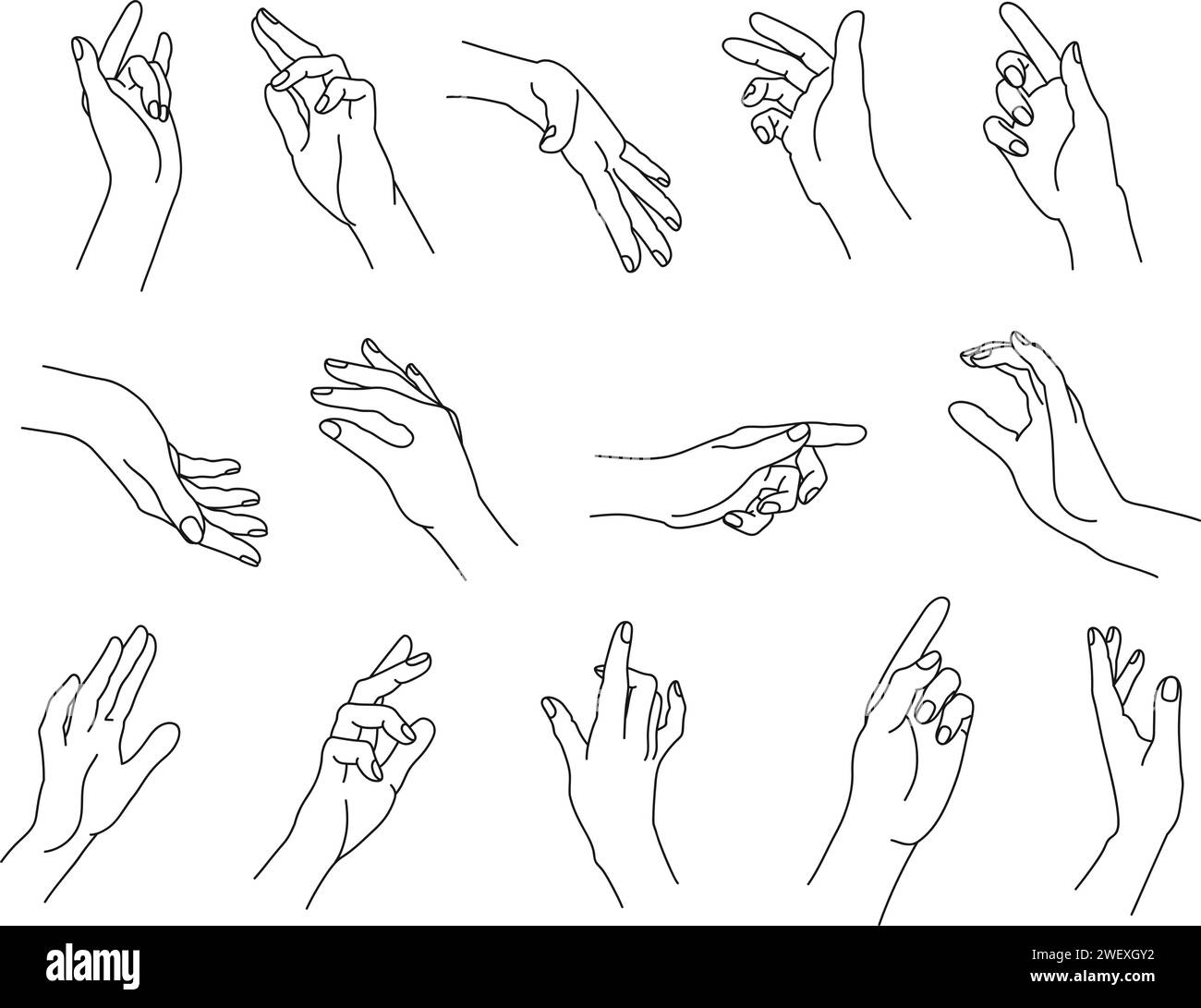 Set of linear human palms. Hand gestures for pointing, holding, snapping and gentle touch ...