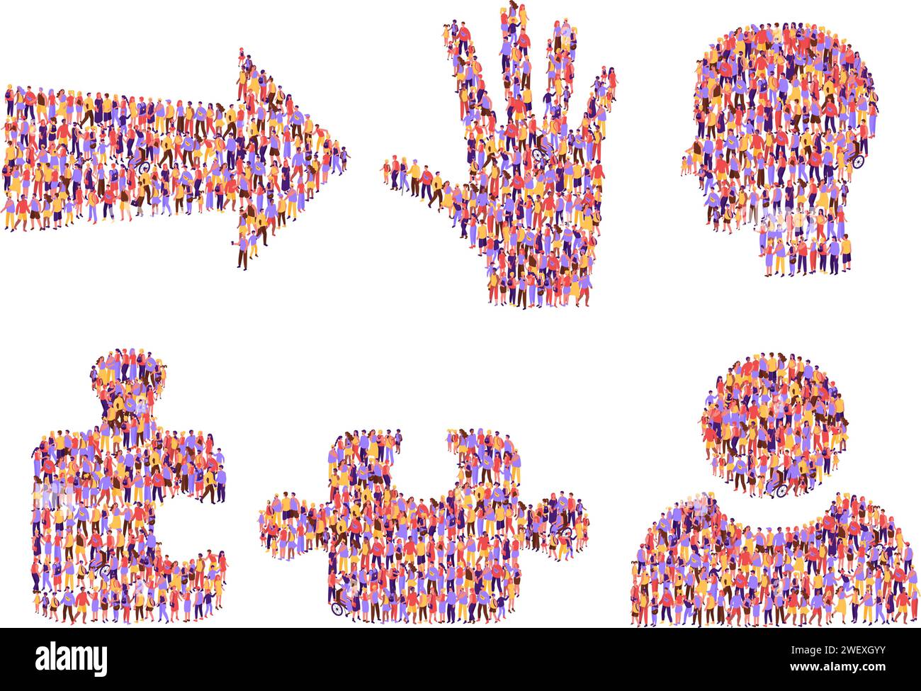 Society icons. People crowd forming community direction arrow, helpful ...