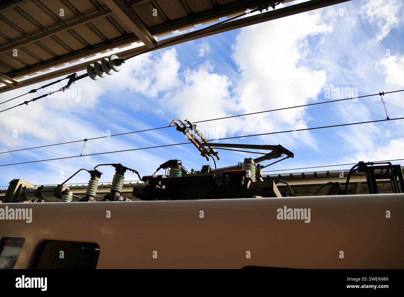 Pantograph of an electric train connecting the train to the overhead ...