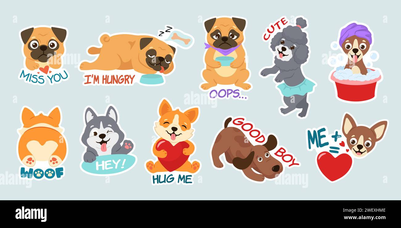 Funny cartoon dog stickers. Adorable puppy characters, cute pug and ...