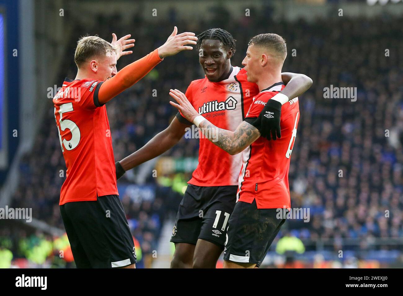 Liverpool, UK. 27th Jan, 2024. Luton Town players celebrate after ...