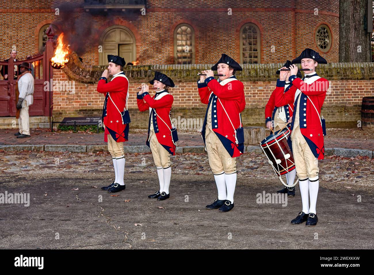 Fifes and Drums Regiment, standing outdoors, fifes playing, 5 people ...