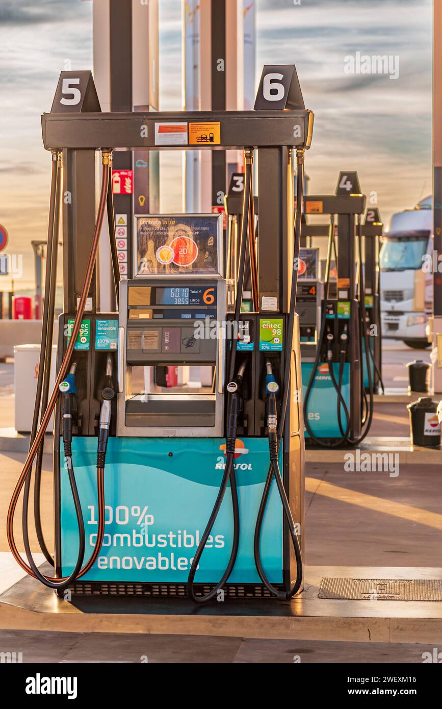 Fuel supply devices at a Repsol company service station, with gasoline ...