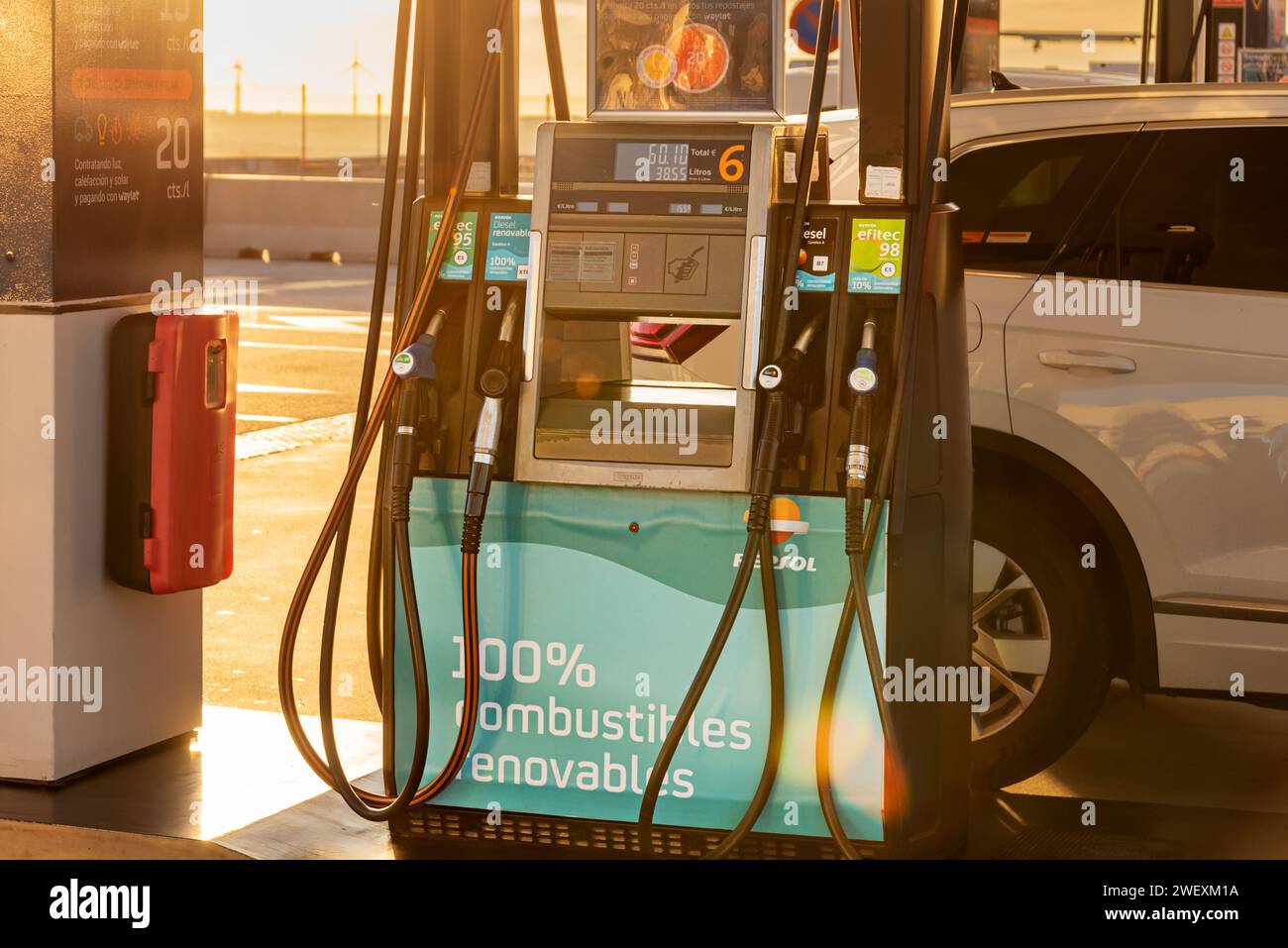 Dispensing device at a Repsol company service station with the new 100% ...