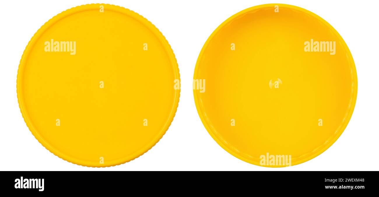 Top view of yellow plastic lid isolated on white background. Plastic ...