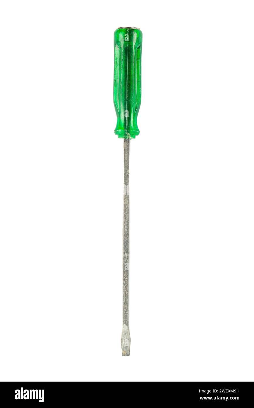 Green flat head screwdriver isolated on white background. Work tool ...