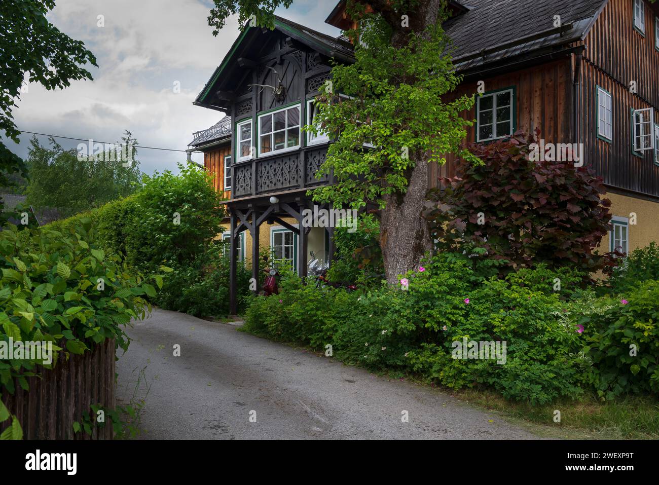 House with wooden carving. Traditional authentic wooden house in Loser ...