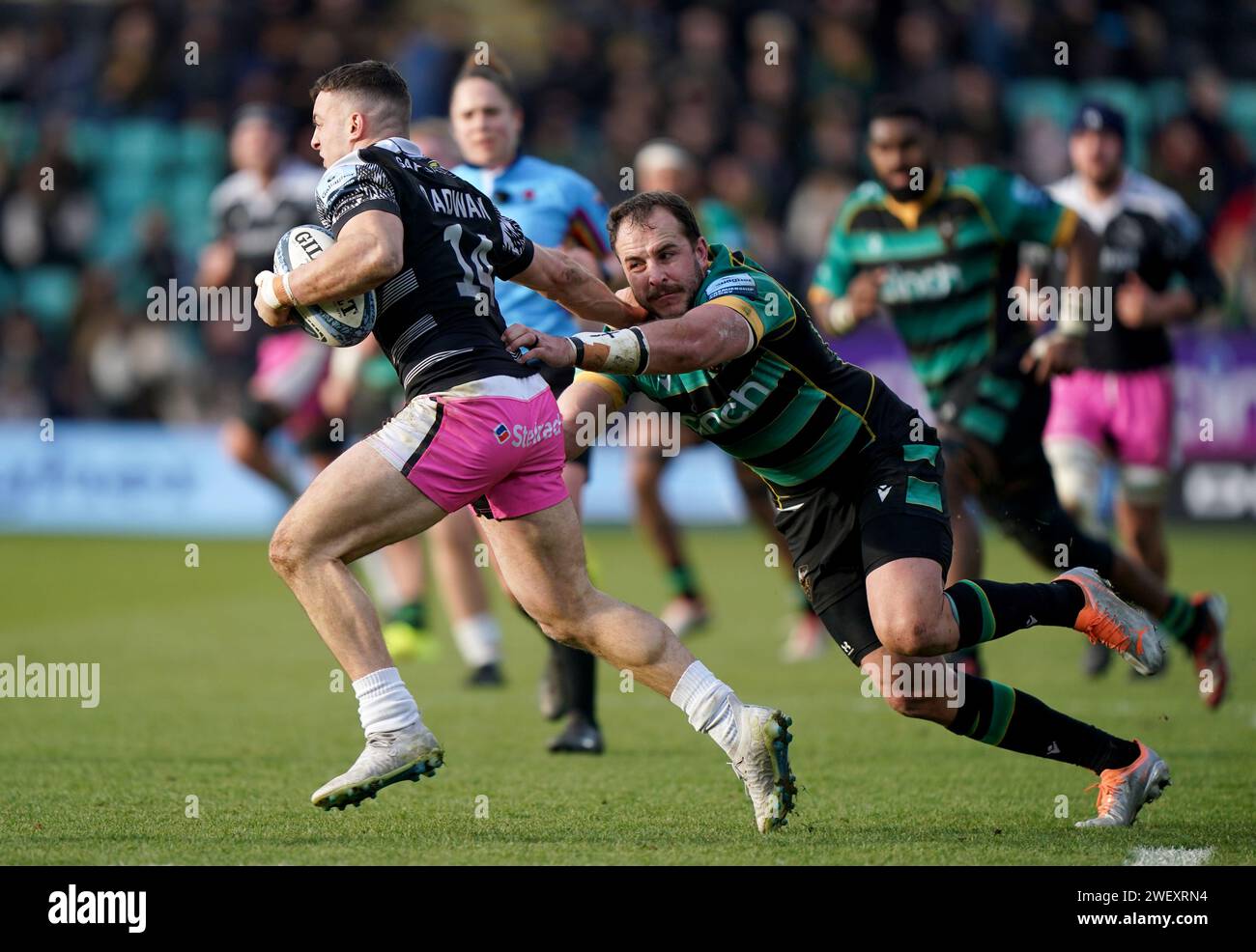 Newcastle Falcons' Matias Moroni is tackled during the Gallagher ...