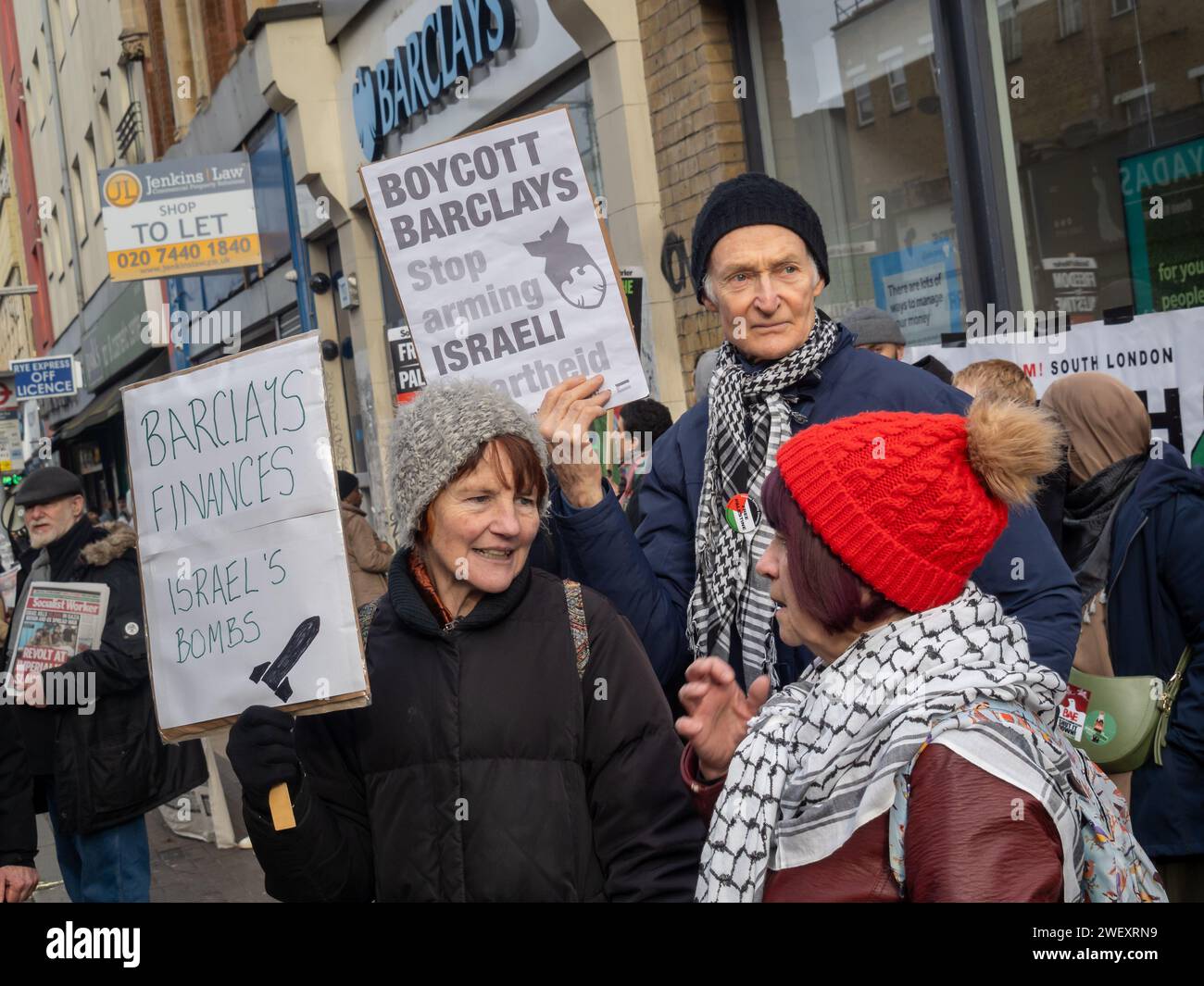 London, UK. 27 Jan 2024. A protest at Barclay's Peckham branch in a day ...