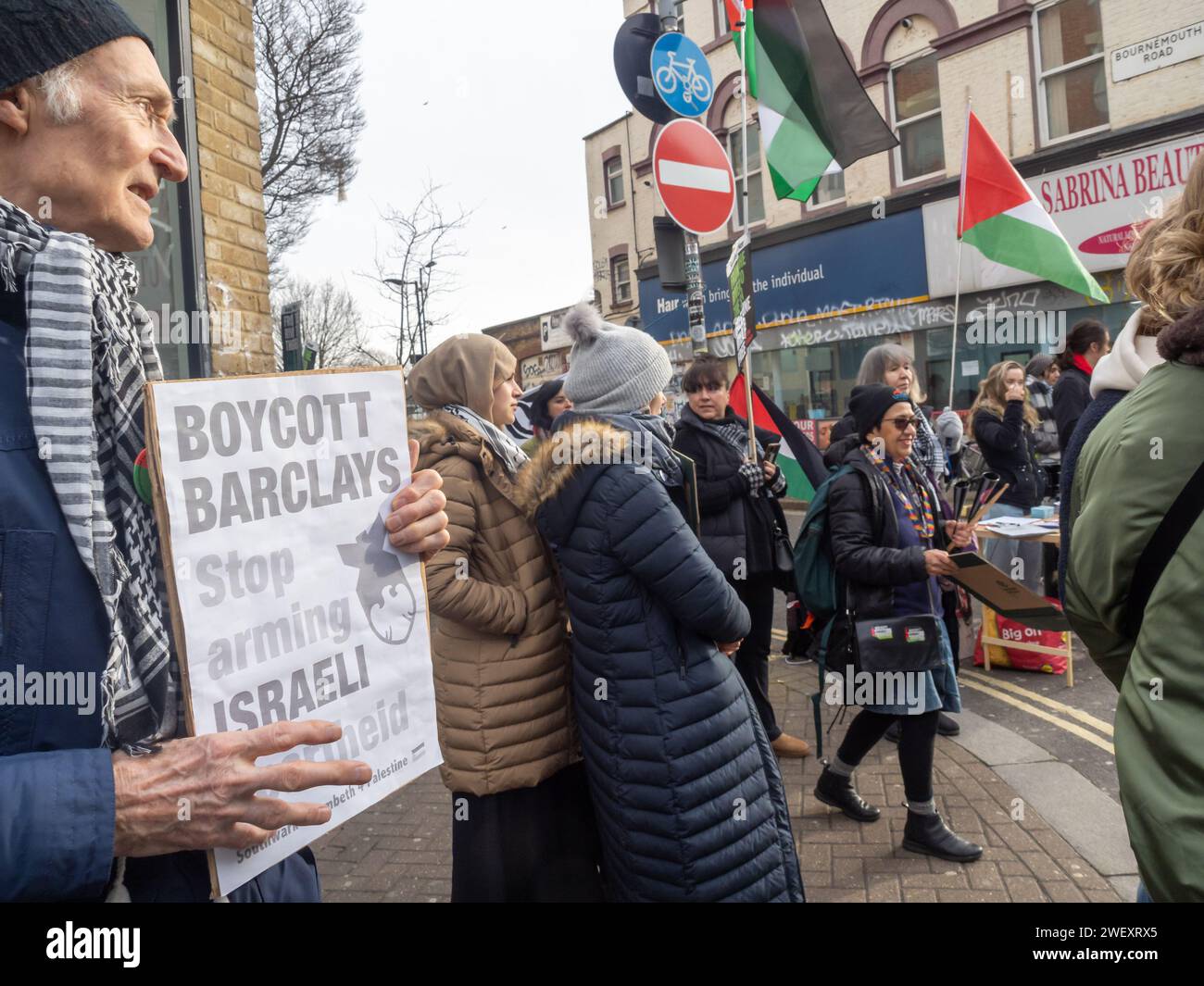 London, UK. 27 Jan 2024. A protest at Barclay's Peckham branch in a day ...