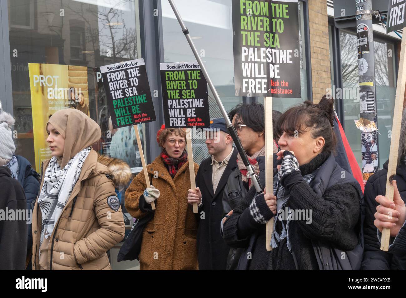 London, UK. 27 Jan 2024. A protest at Barclay's Peckham branch in a day ...