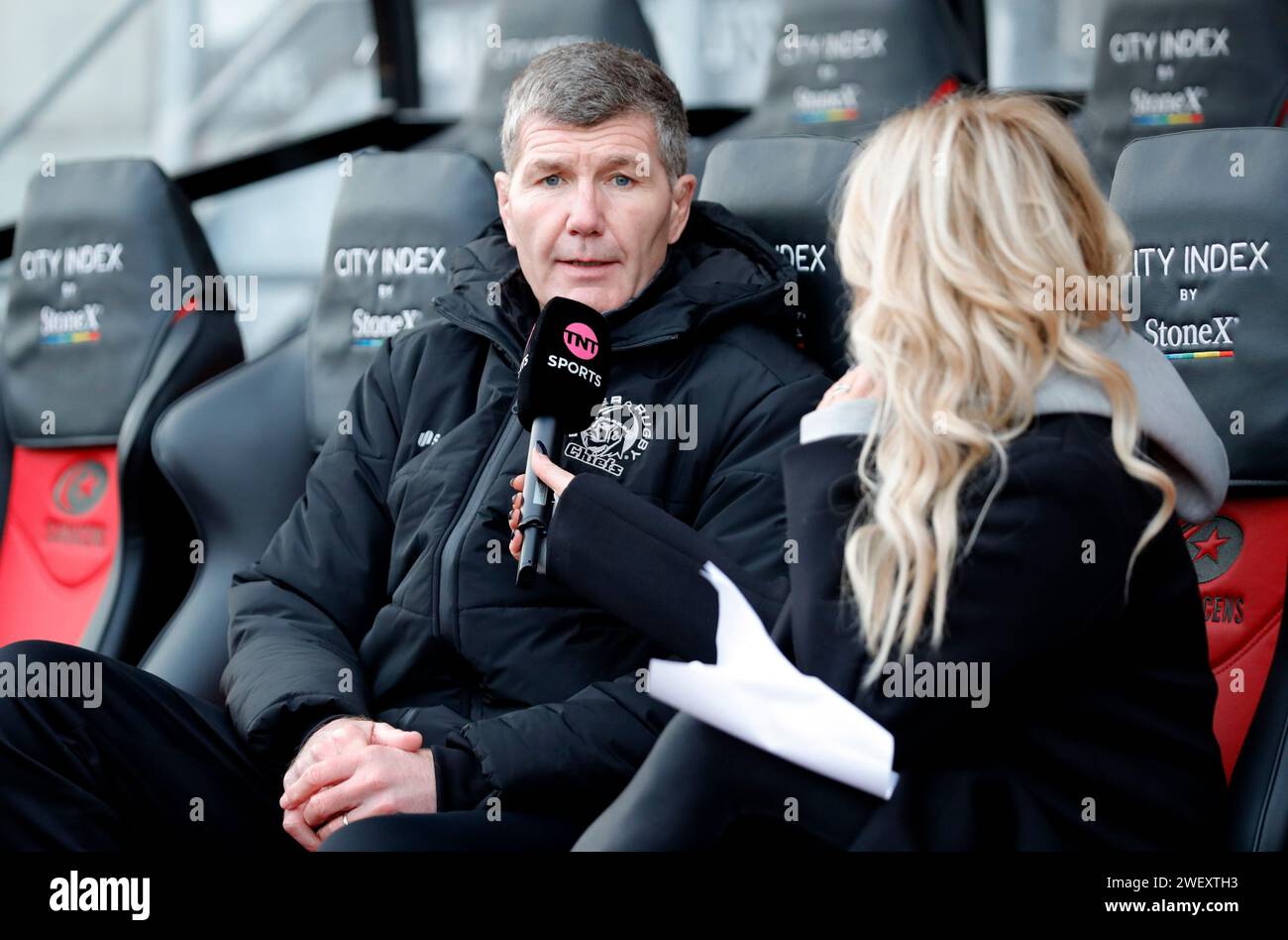 Exeter director of rugby Rob Baxter is interviewed before the Gallagher ...