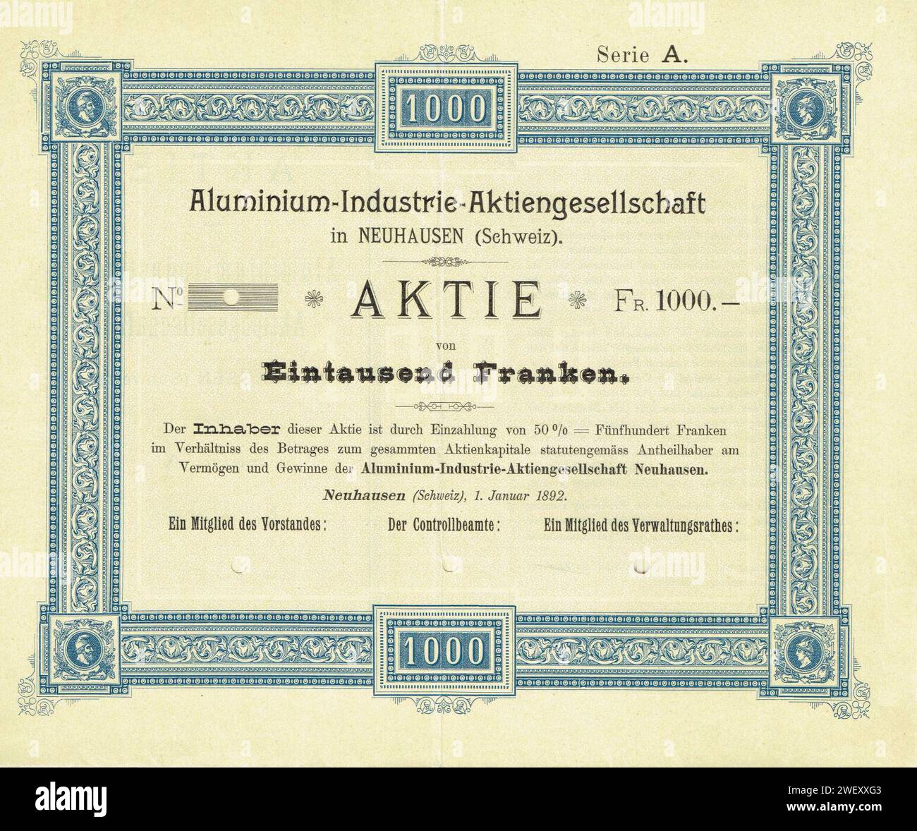 Aluminium-Industrie-AG 1892 1000 Fr Stock Photo - Alamy