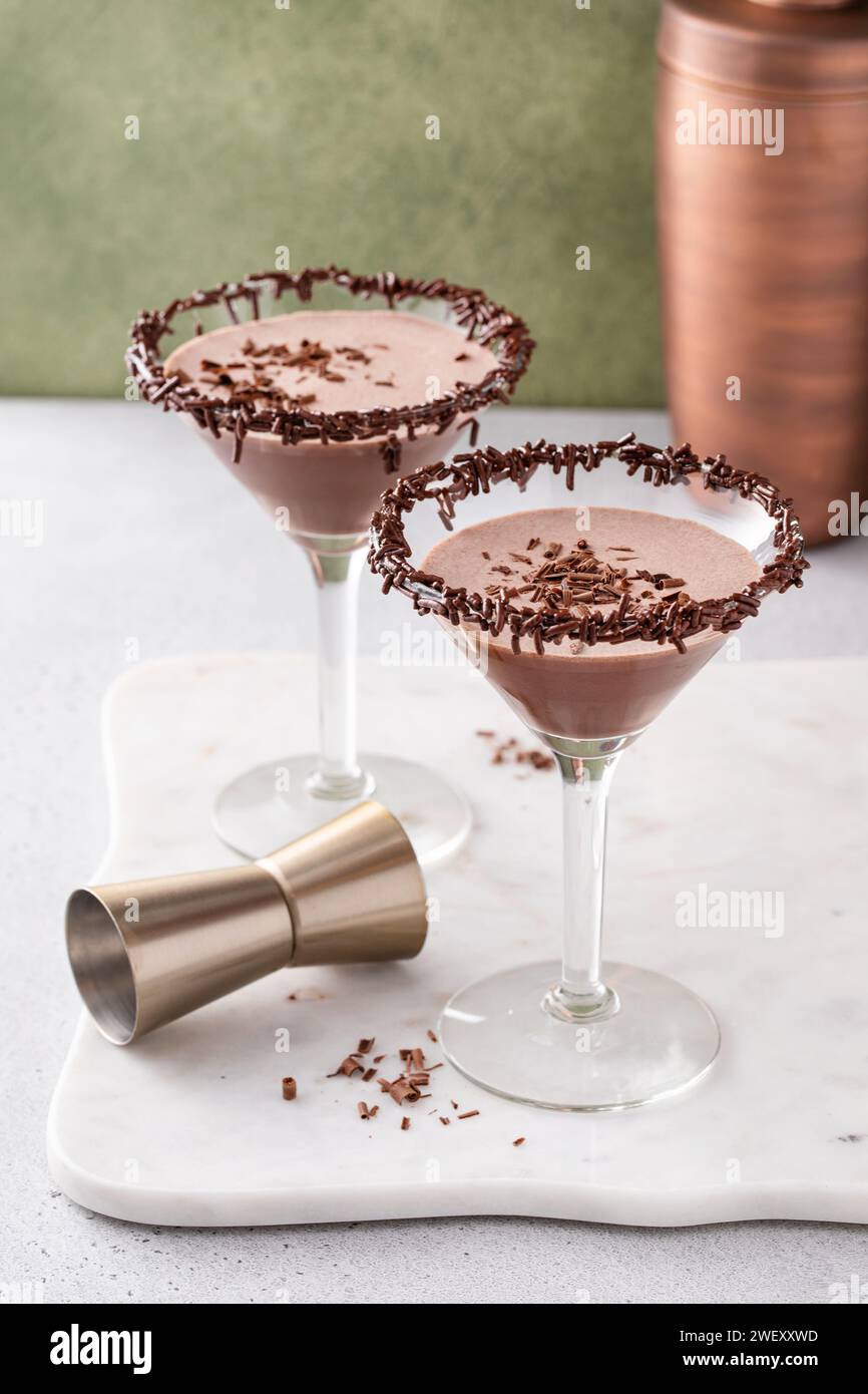 Chocolate martini in glasses with chocolate sprinkles on rim, sweet ...