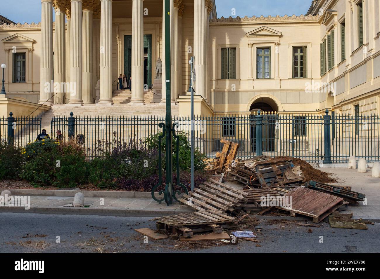 Montpellier, France, 2024. Wood pallets were stacked by farmers ...