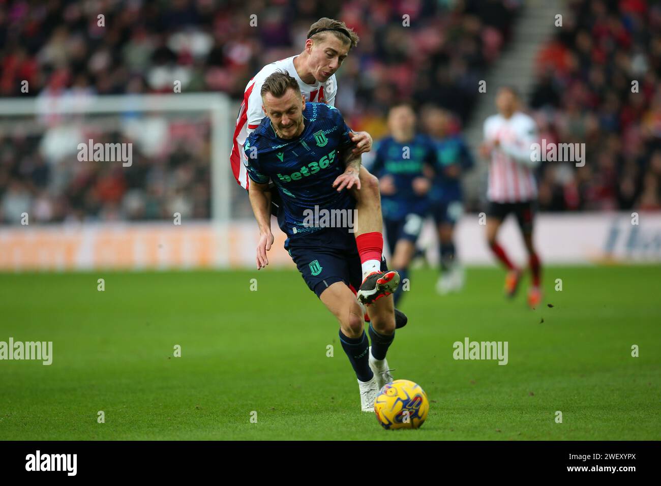 Stoke City's Ben Wilmot fouls Sunderland's Jack Clarke during the Sky ...