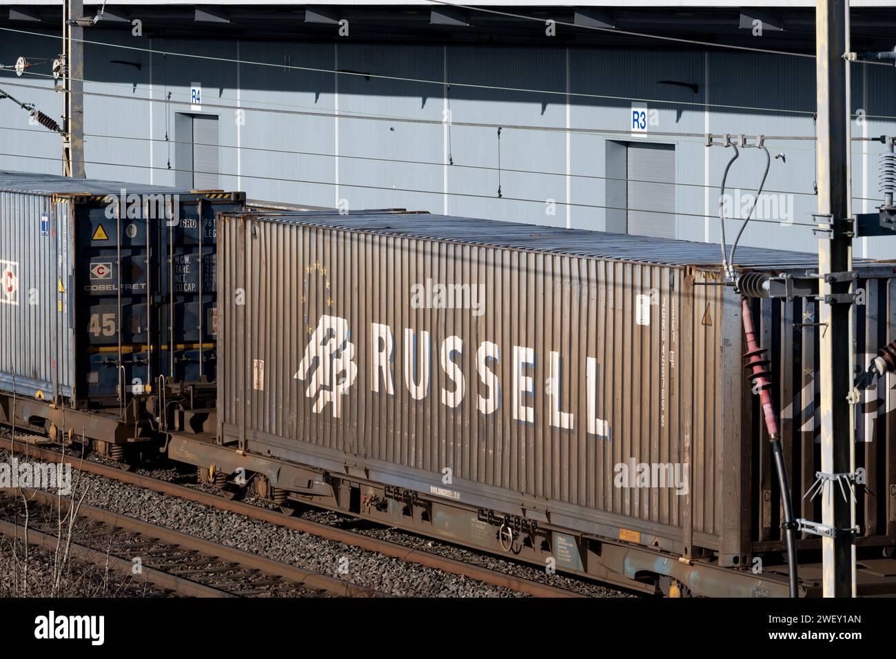 Russell container on a train arriving at DIRFT, Northamptonshire ...