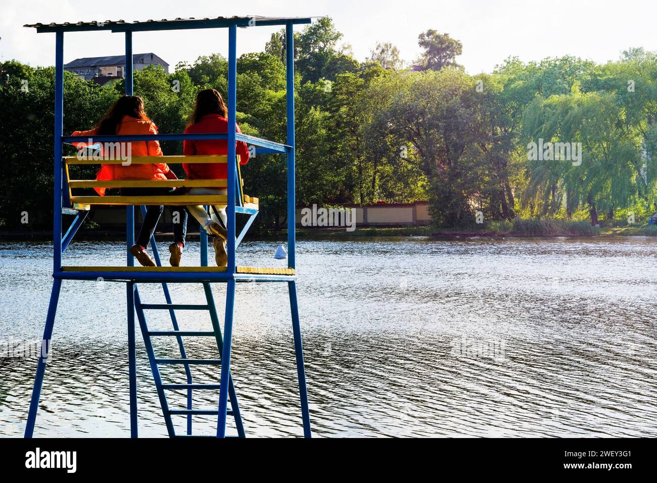 Rescue tower on the river. Observation tower. Observers. Rescuers ...