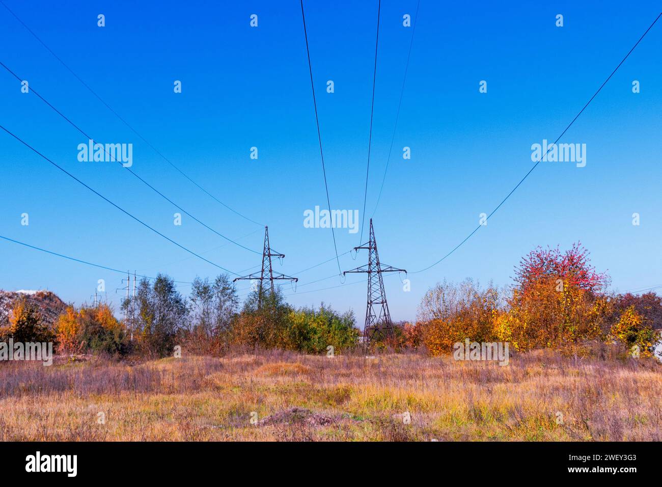 Electric pole and electric cable on the field. Power pylons and high ...