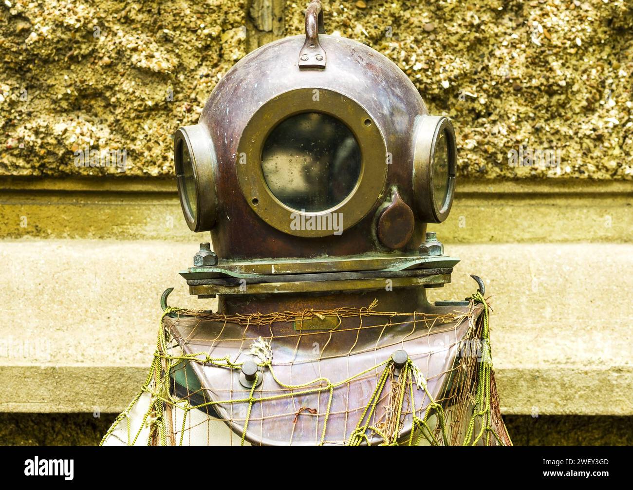 old, vintage helmet . Ancient headdress of the diver. diving helmet ...