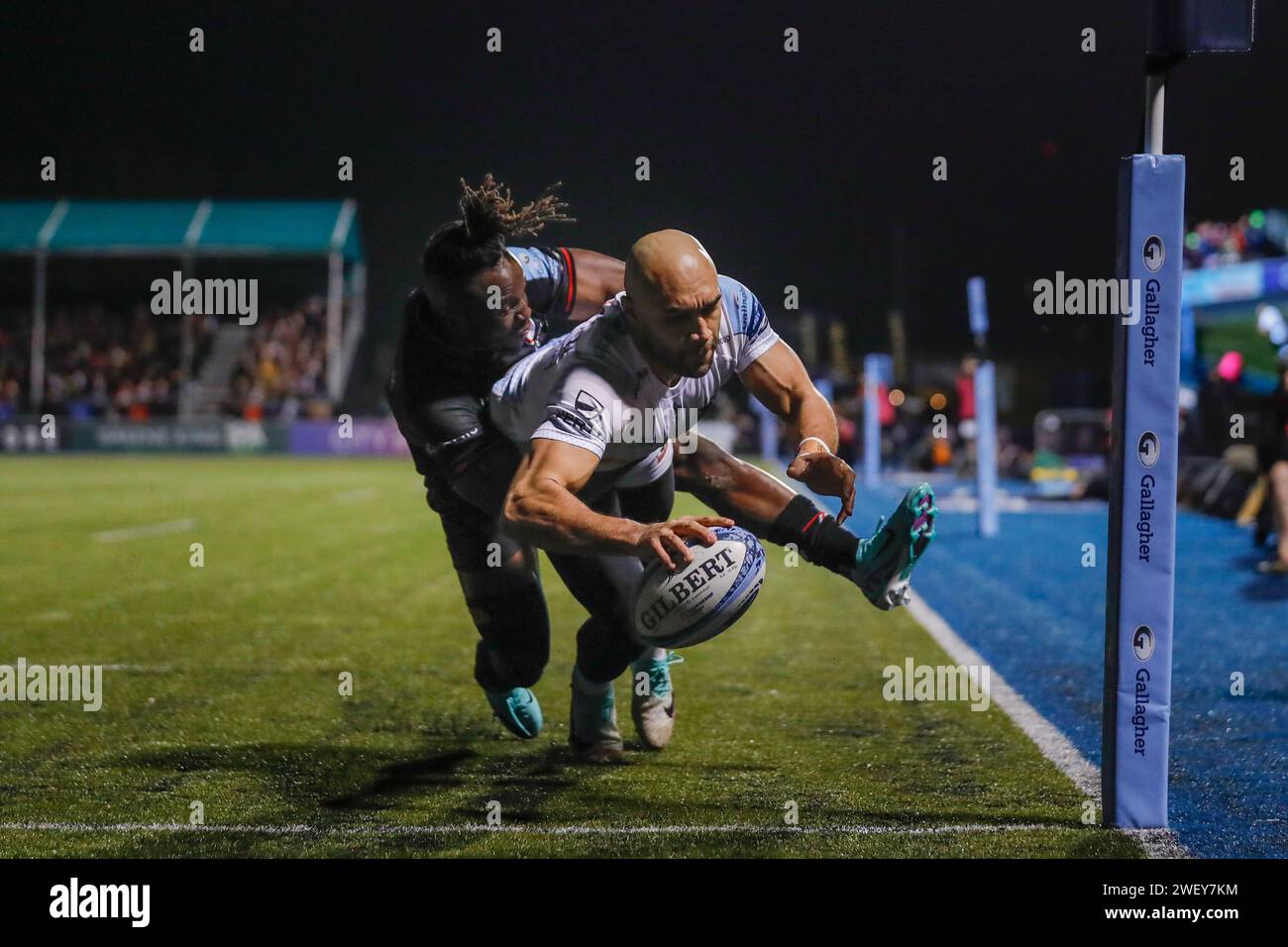 Exeter Chief's Olly Woodburn scores their first try despite the efforts ...