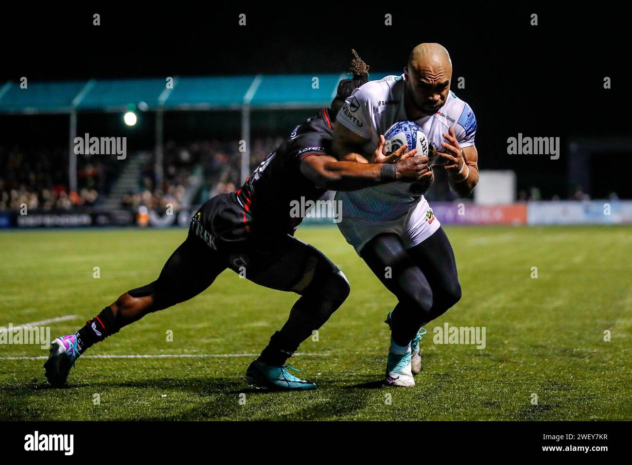 Exeter Chief's Olly Woodburn scores their first try despite the efforts ...