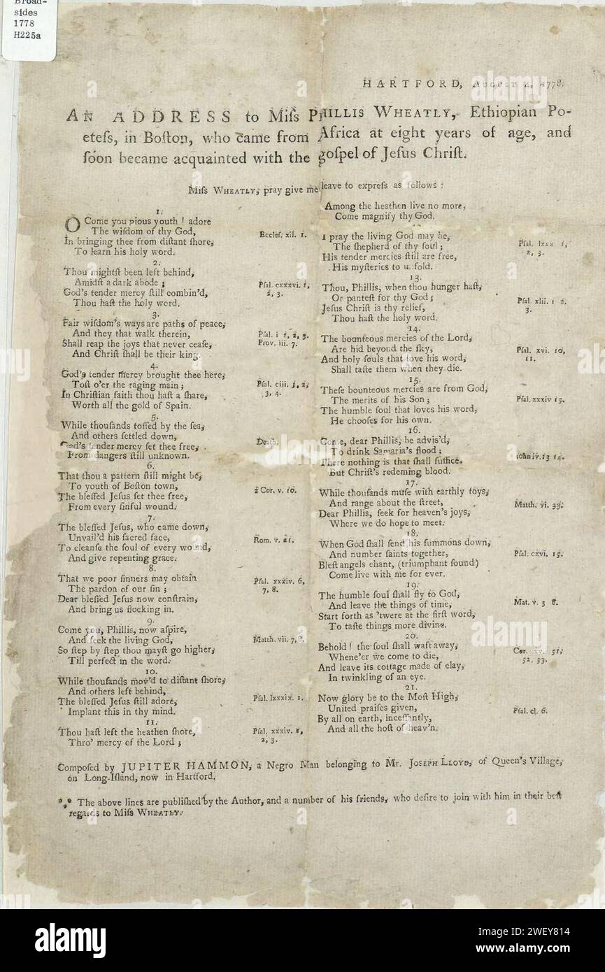 An Address to Miss Phillis Wheatly - Jupiter Hammon - 1778 Stock Photo ...