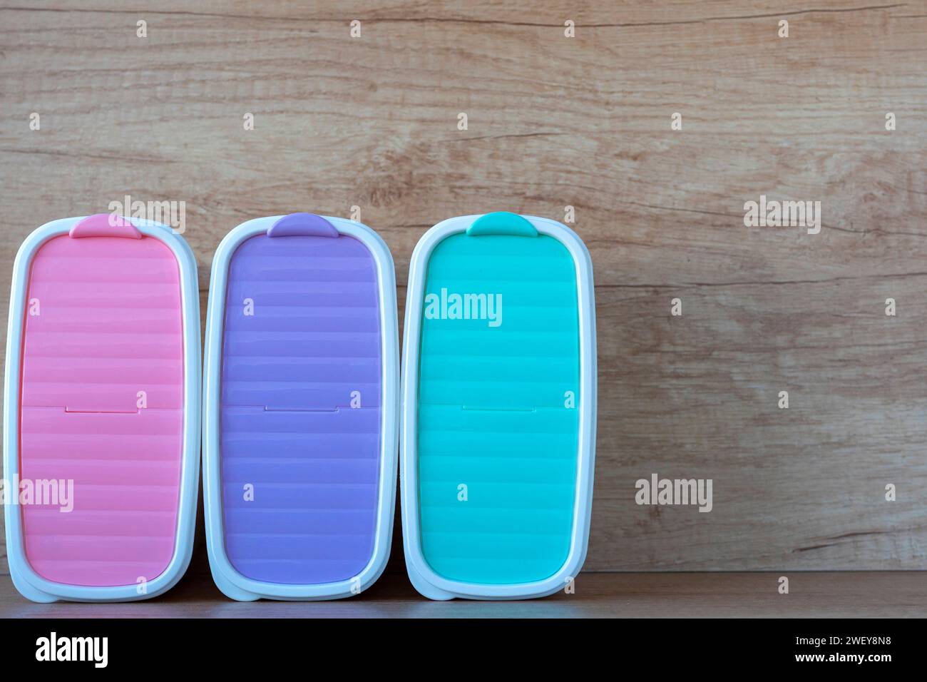 Three colors turquoise,Violet, Pink. Tri-color box background.Copy ...