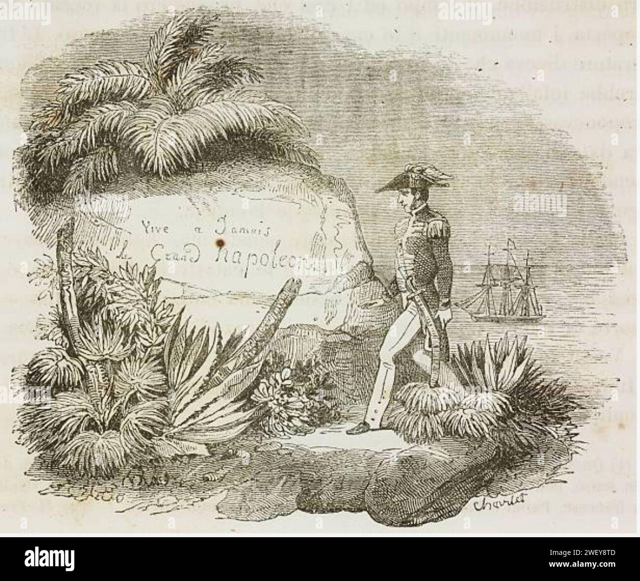 An English captain coming across engraving (for Napoleon) on rock Stock ...