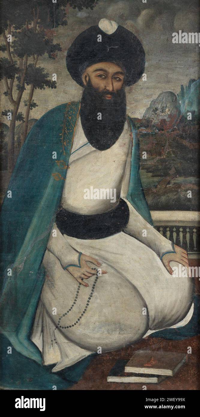 An Imam, seated at a balcony with a landscape beyond, Qajar Persia, mid ...