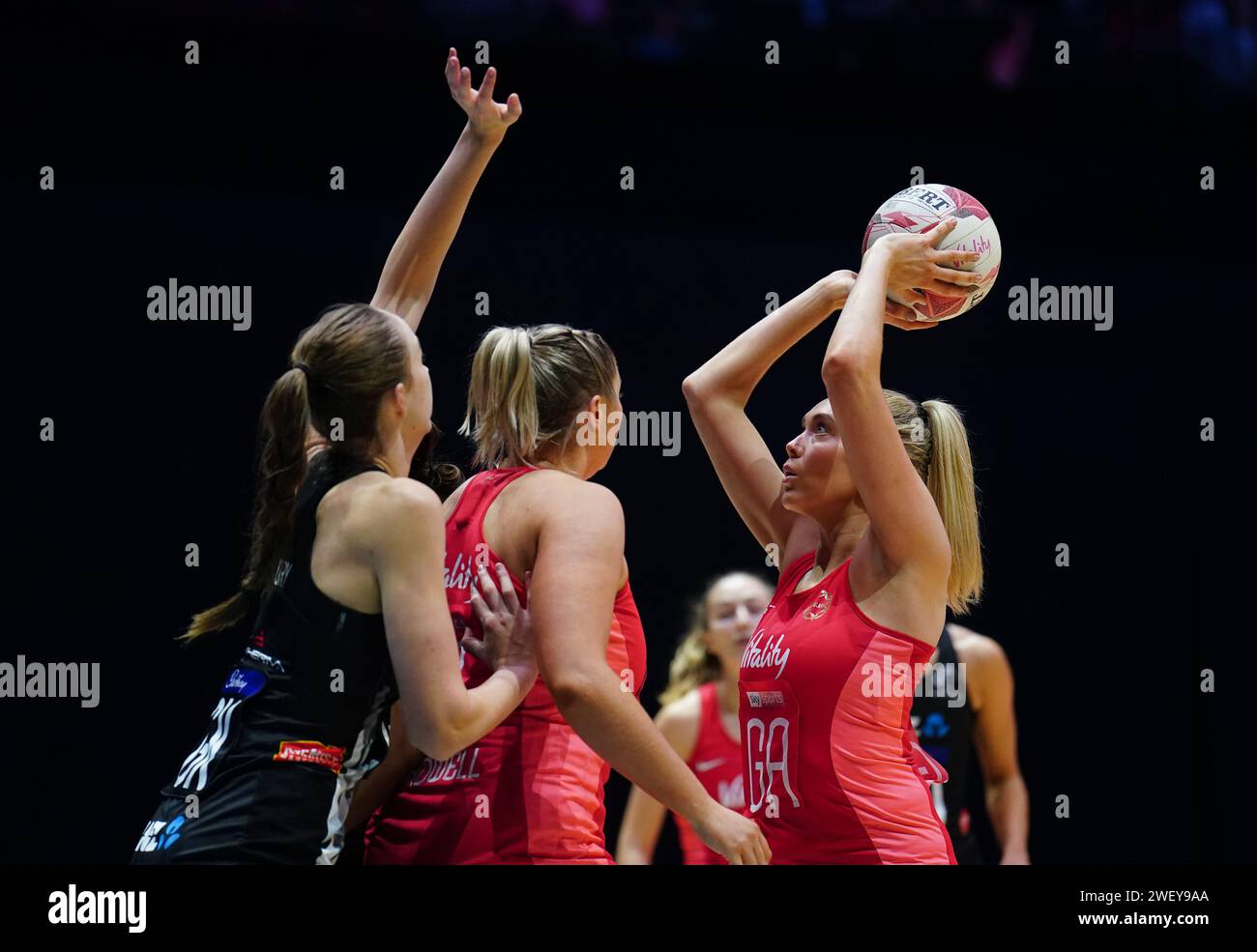 England's Helen Housby shoots at goal during the 2024 Vitality Netball ...