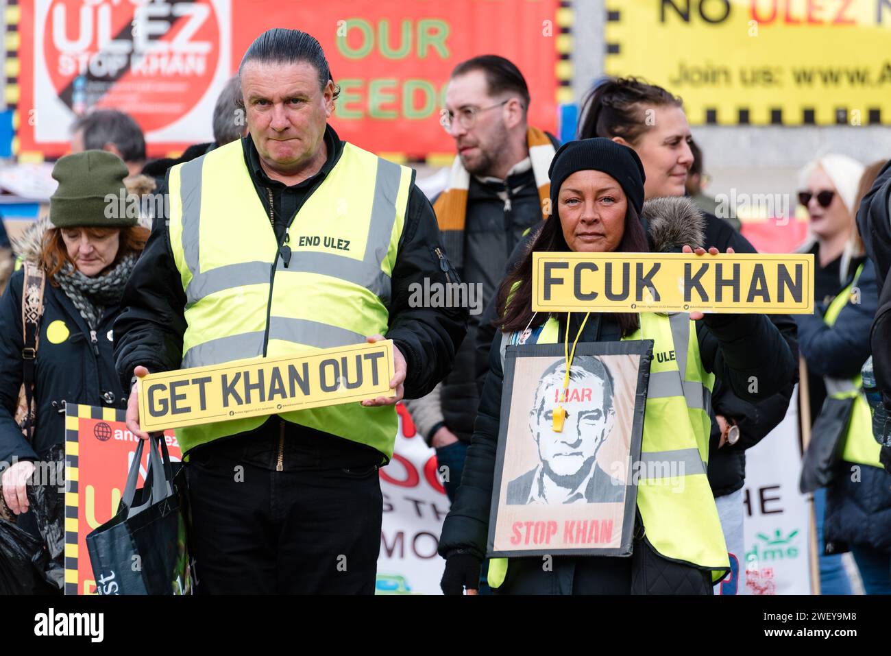 London, UK. 27 January 2024. Protest against the extension of the Ultra ...