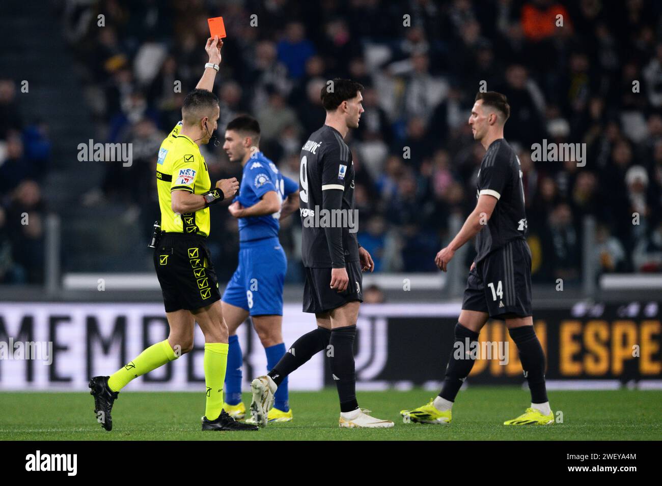 Turin, Italy. 27 January 2024. Referee Livio Marinelli shows red card ...