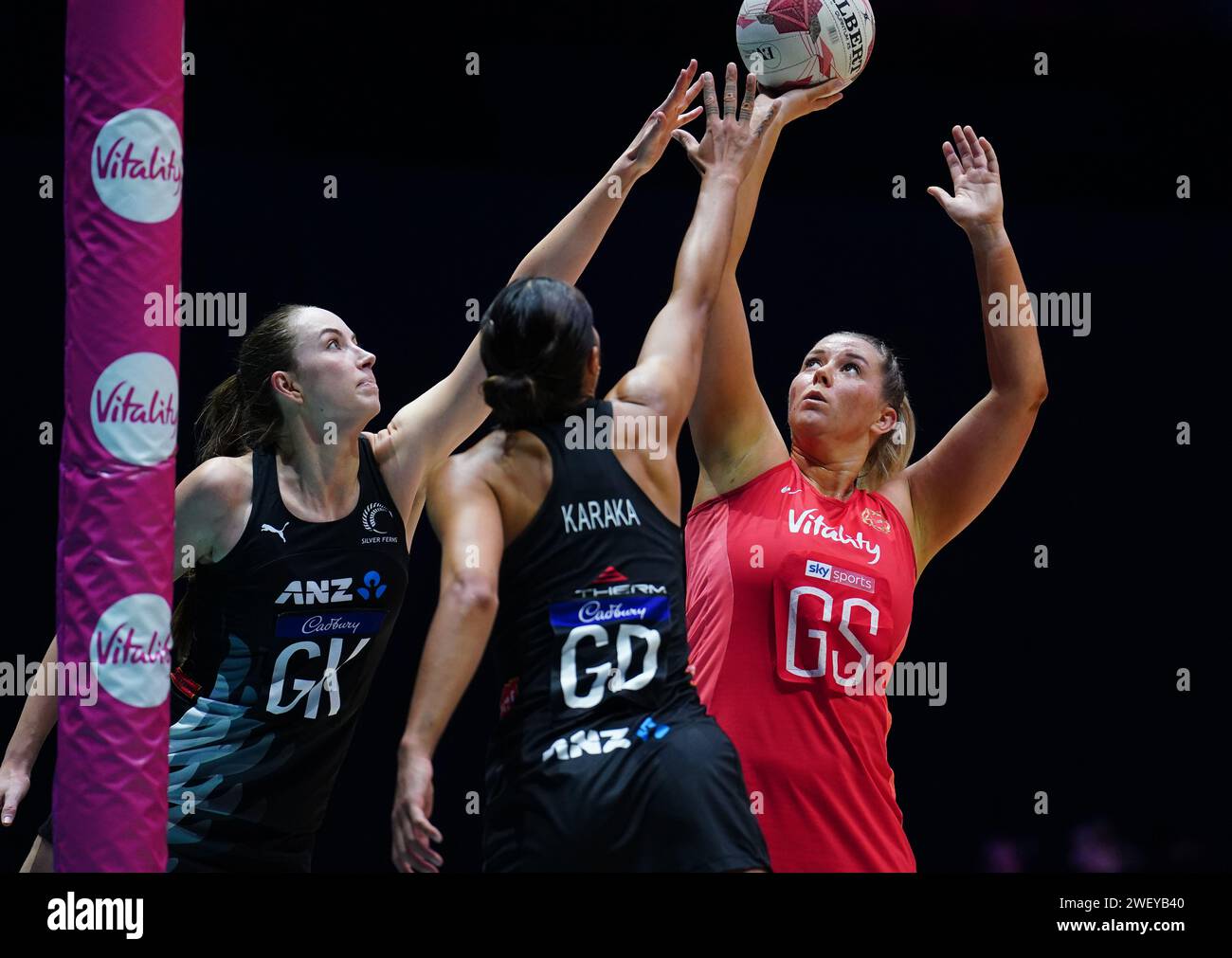 England's Eleanor Cardwell shoots at goal during the 2024 Vitality ...