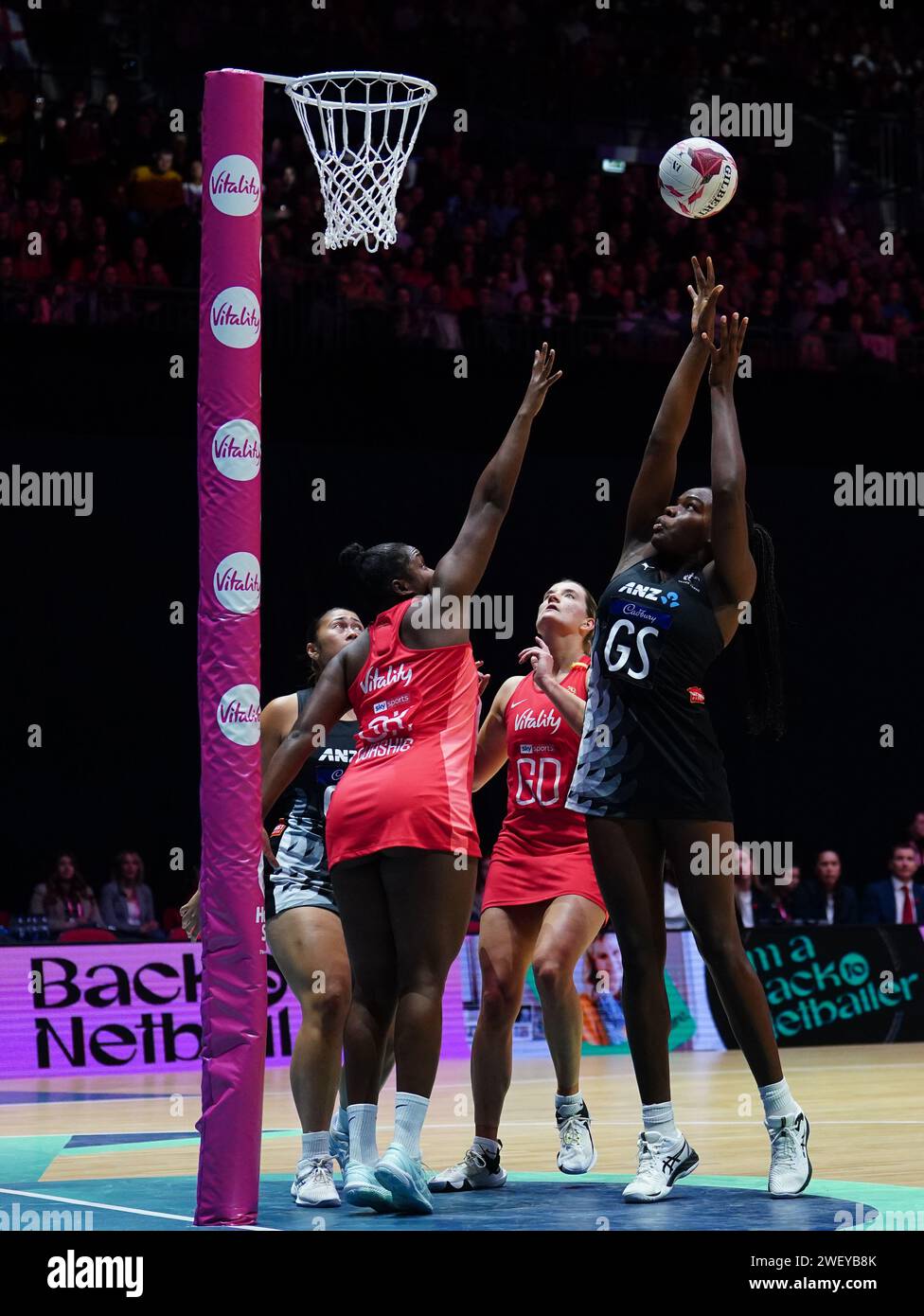 New Zealand's Grace Nweke shoots at goal during the 2024 Vitality ...