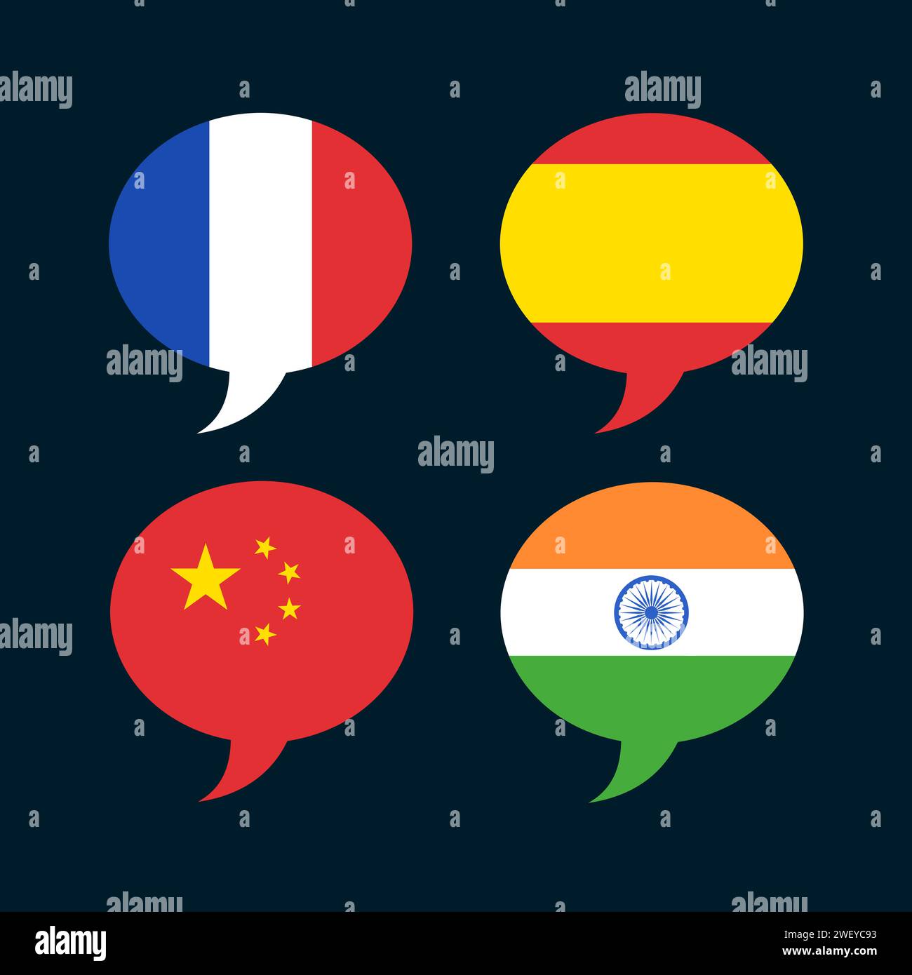 Speech ballon and bubble with national flags - french, spanish ...