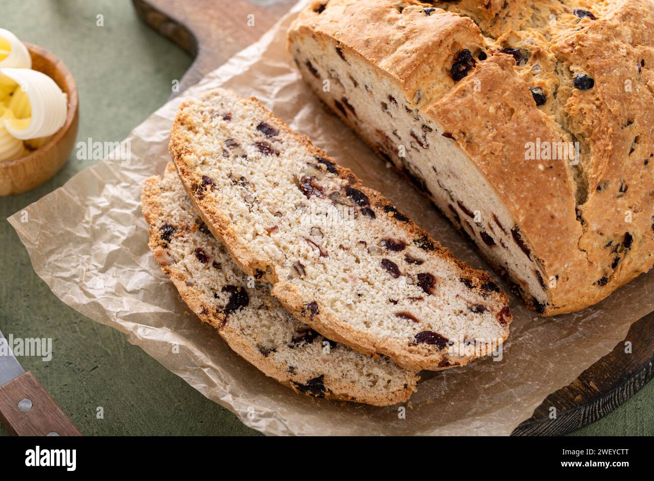 Irish soda bread sliced on a board, traditional Irish recipe, served ...