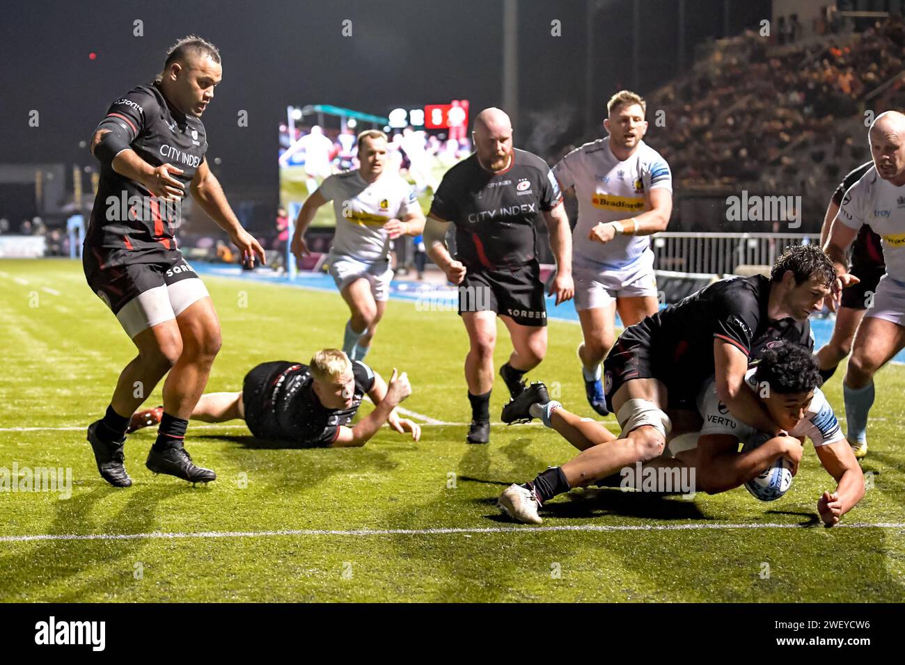 Greg Fisilau of Exeter Chiefs runs over to score Exeter Chiefs second ...