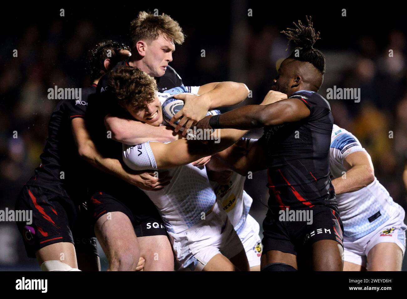 Exeter Chief's Zack Wimbush is tackled by Saracens' Juan Martin ...