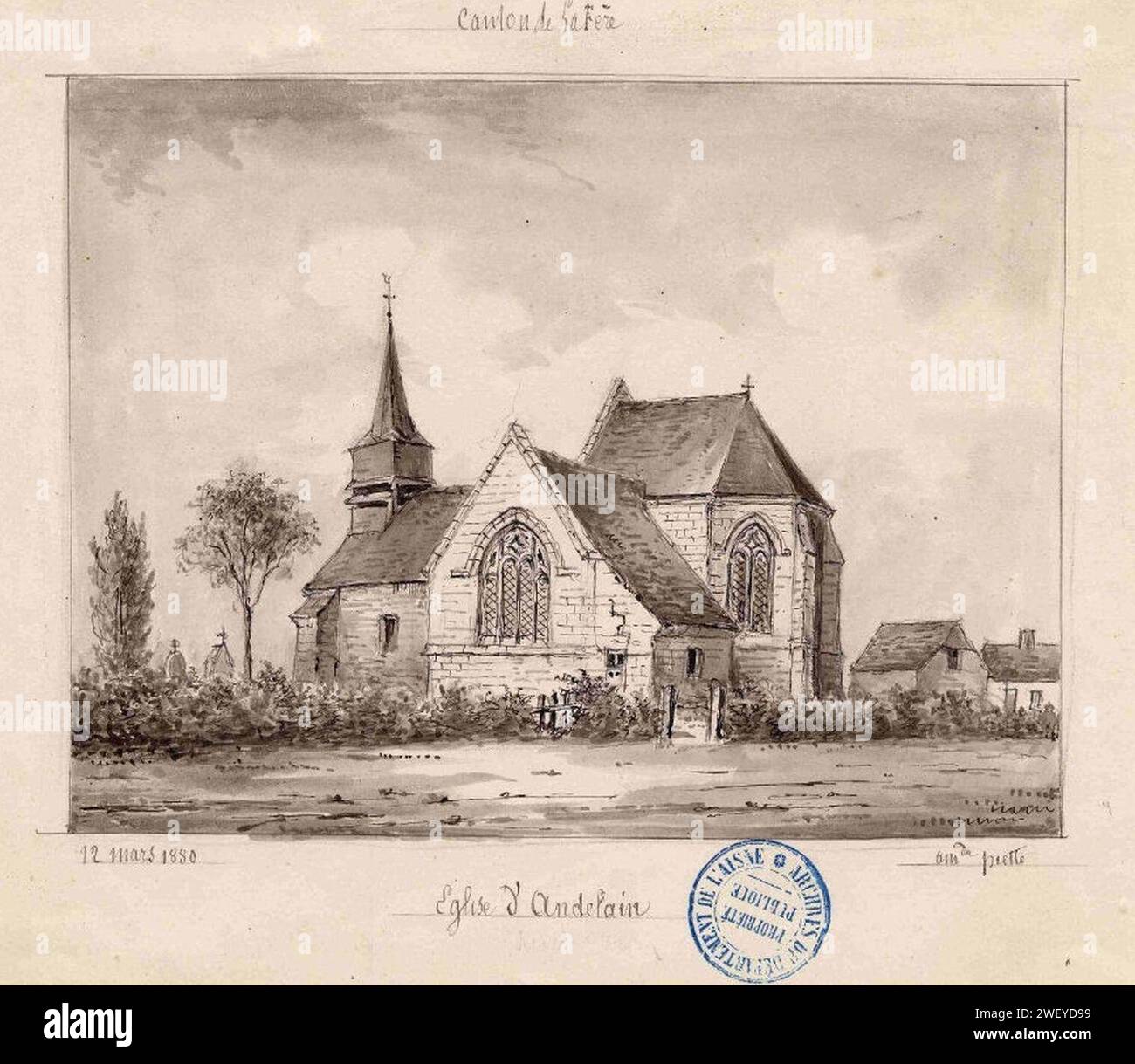 Andelain - Dessin de l'église en 1880 par Amédée Piette (1808-1883 ...