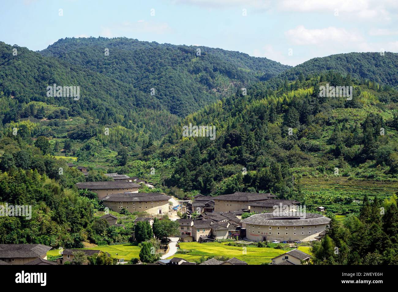 Vernacular Tulou buildings made of rammed earth and timber in Hekeng ...