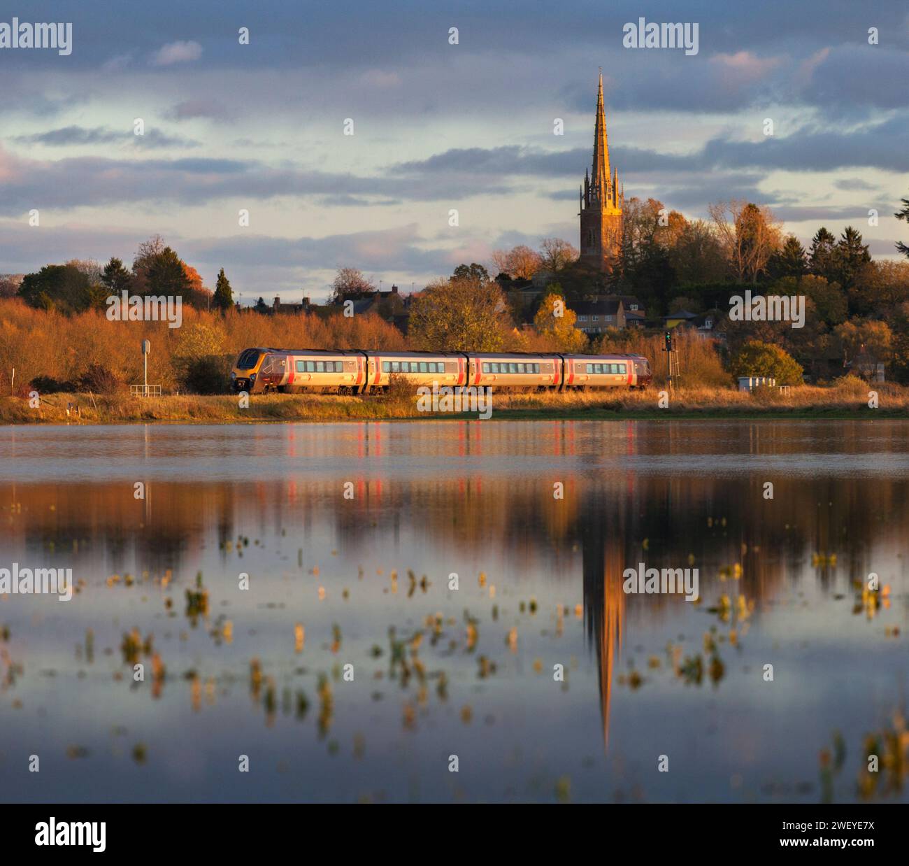 Arriva Crosscountry class 220 voyager train reflected in the flooded ...