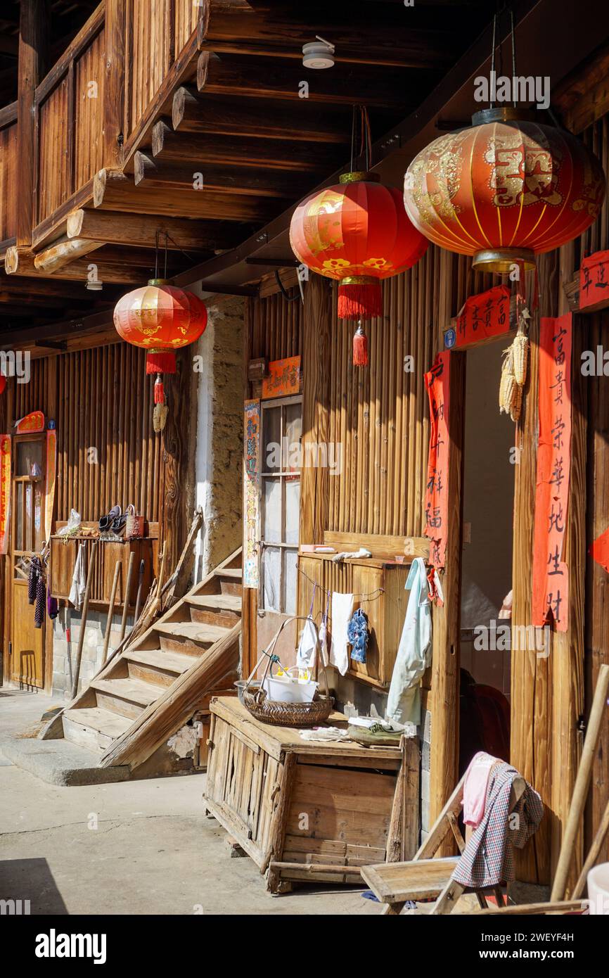 Vernacular Tulou buildings made of rammed earth and timber in Hekeng ...