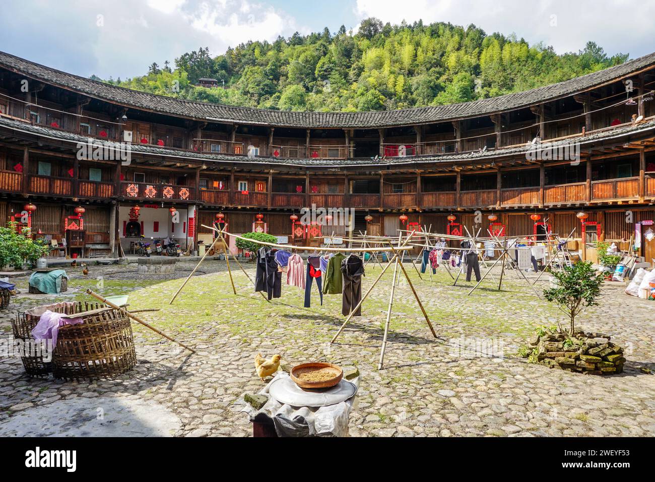 Vernacular Tulou buildings made of rammed earth and timber in Hekeng ...