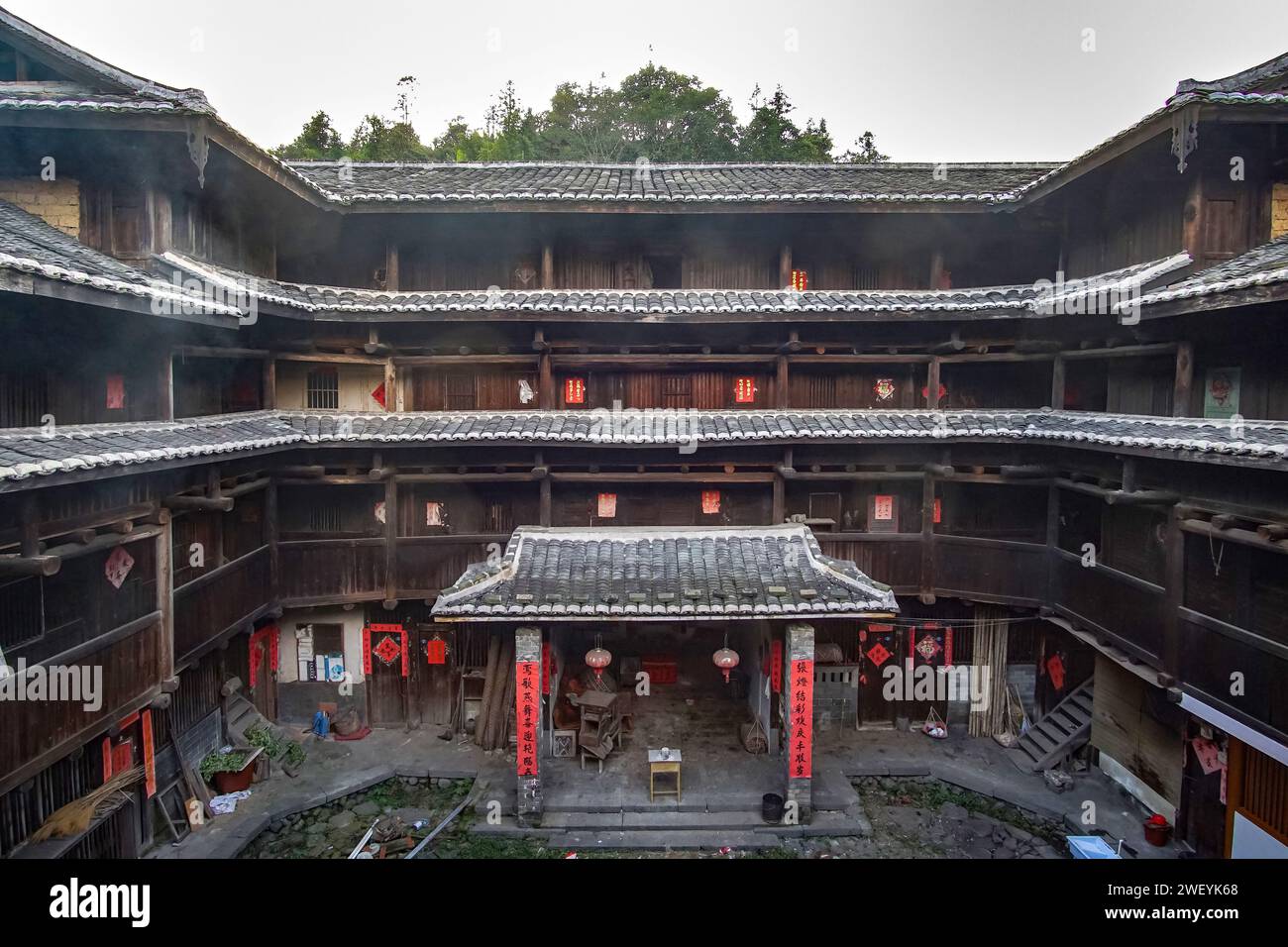Rectangular and round Hakka Tulou (building made of rammed earth and ...