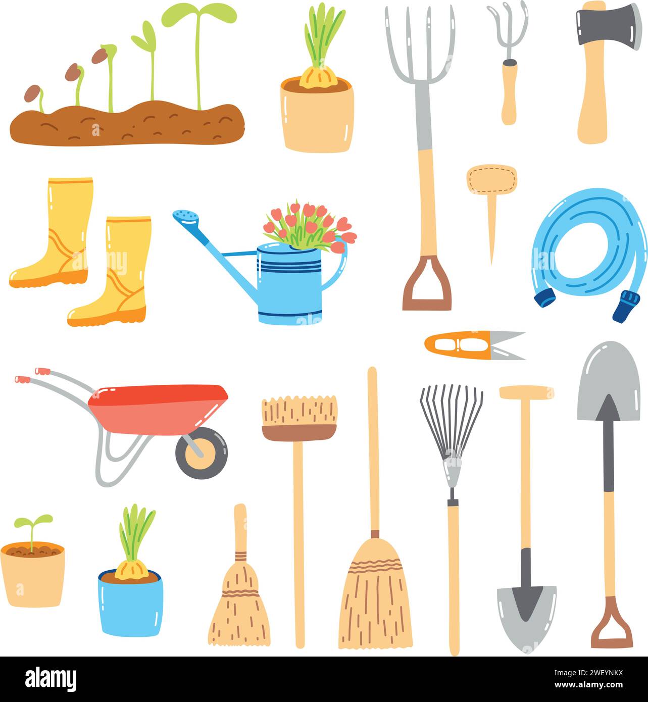 Set of hand drawn garden elements. Cartoon flat illustration of farm ...