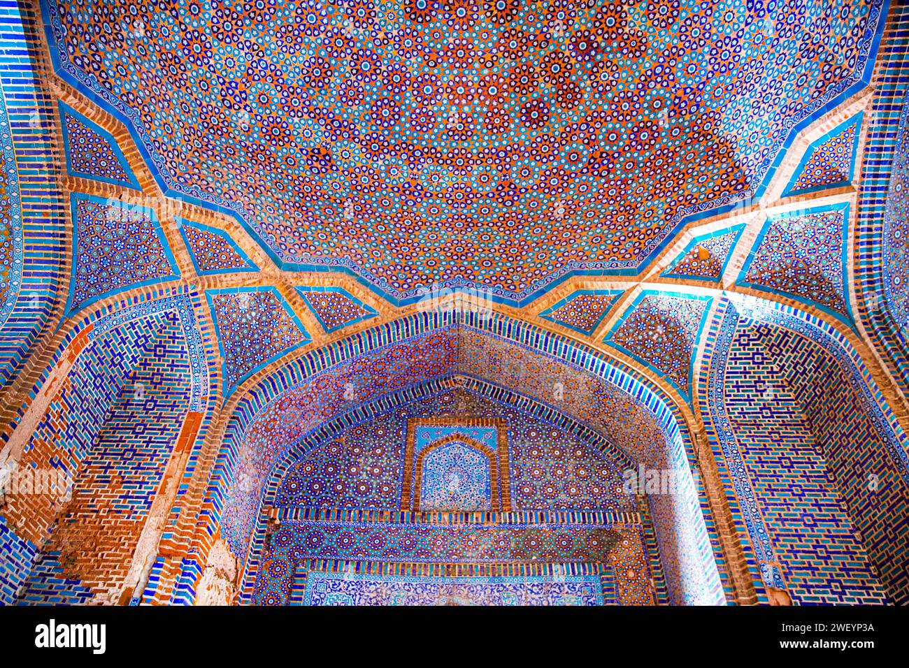 Beautiful traditional ceiling, mosaic of golden, blue and orange colors ...