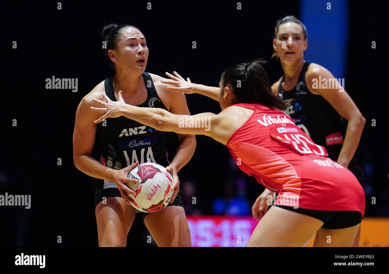 New Zealand's Whitney Souness and England's Ellie Rattu during the 2024 ...
