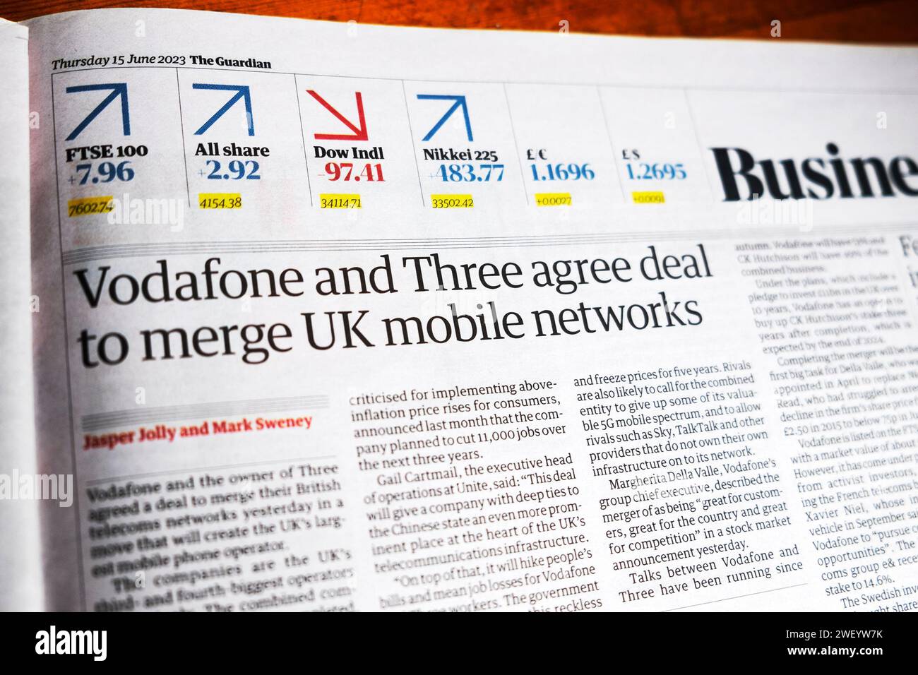 'Vodafone and Three agree deal to merge UK mobile networks' Guardian newspaper headline business ...